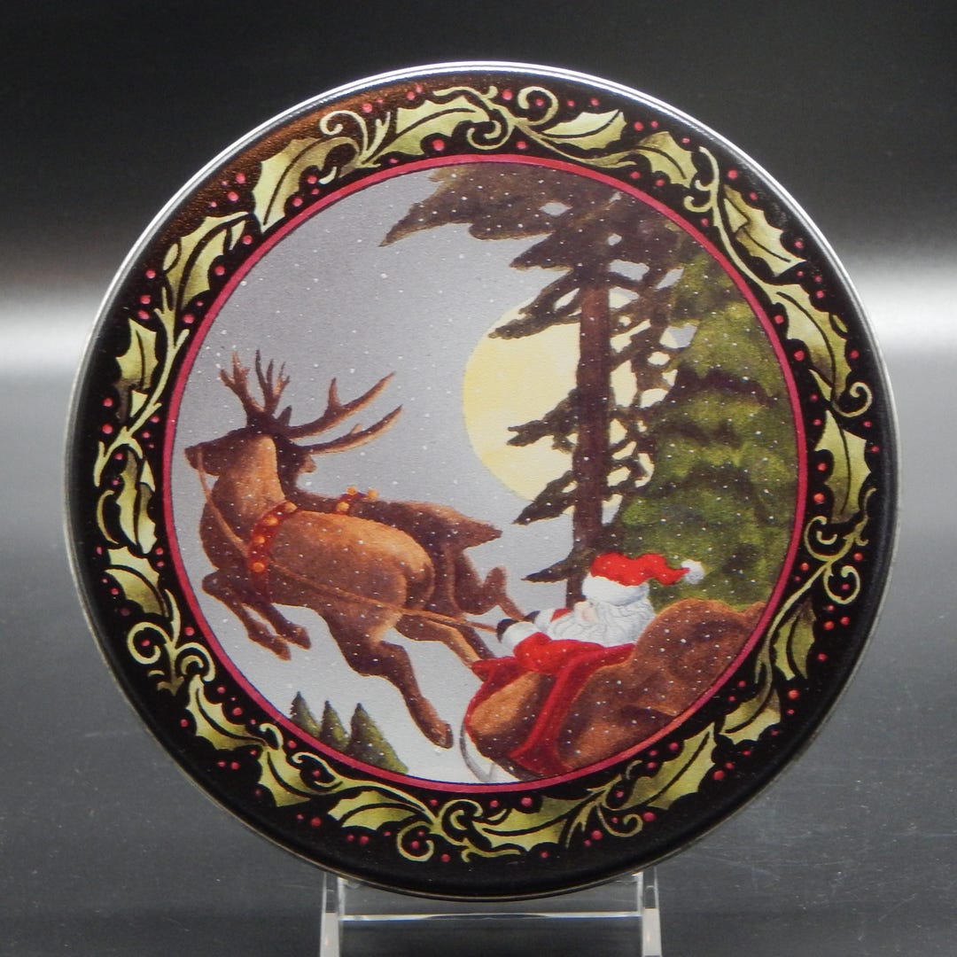 VINTAGE CHRISTMAS TIN Darling 1992 Howard Designs 7" Round Lidded Tin ...