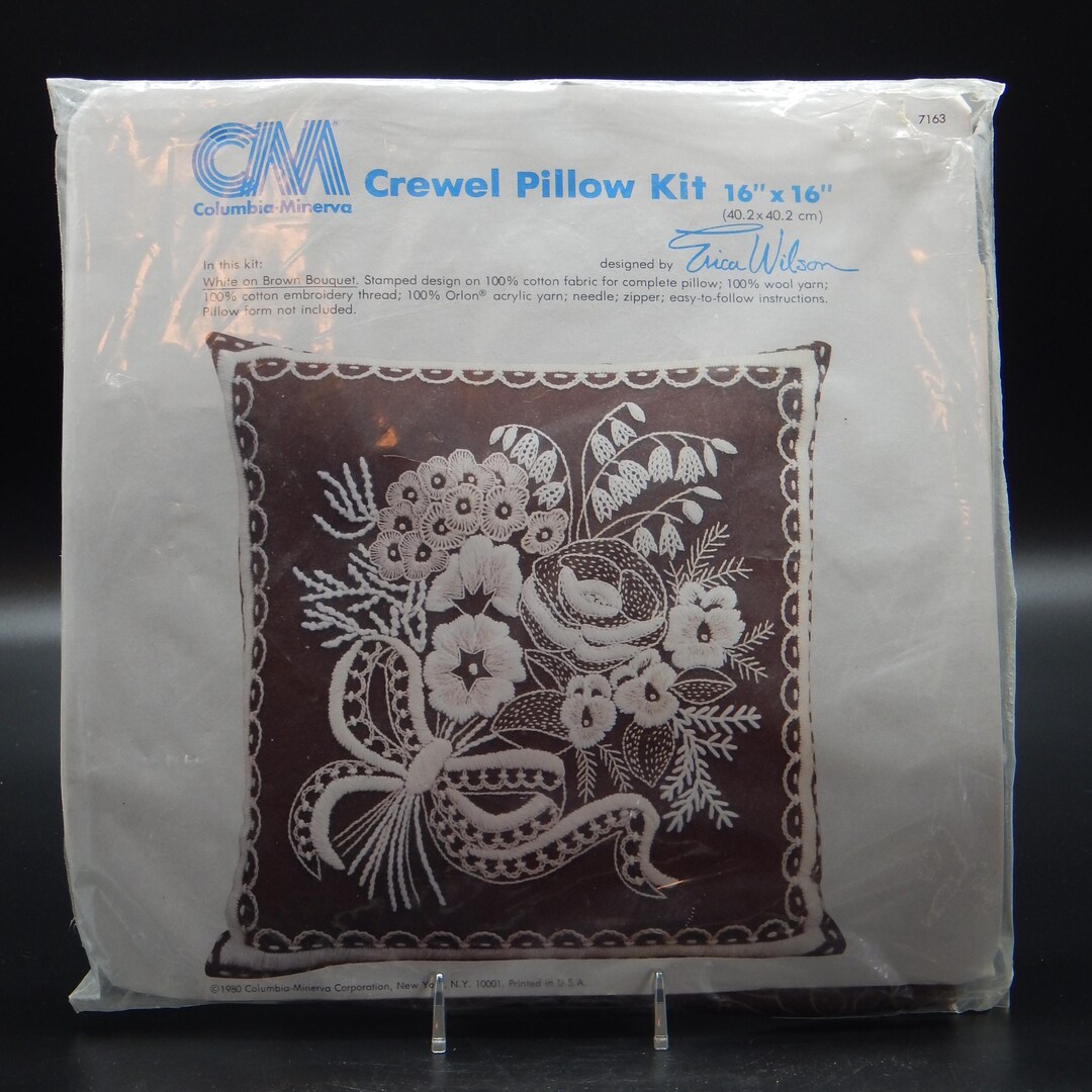 CREWEL PILLOW KIT Vintage 1980 Erica Wilson White on Brown Bouquet 16 ...