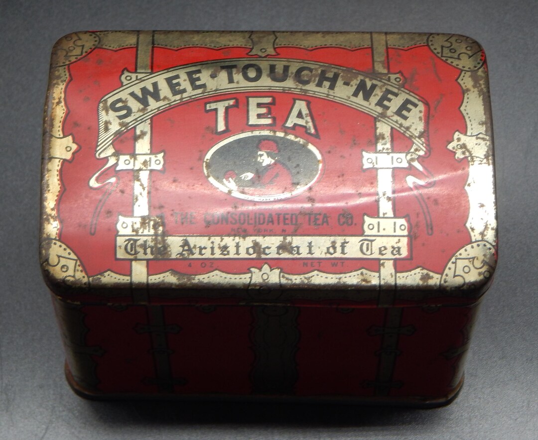 VINTAGE TEA TIN Red and Gold Swee-touch-nee 4" Trunk or Chest Shape ...