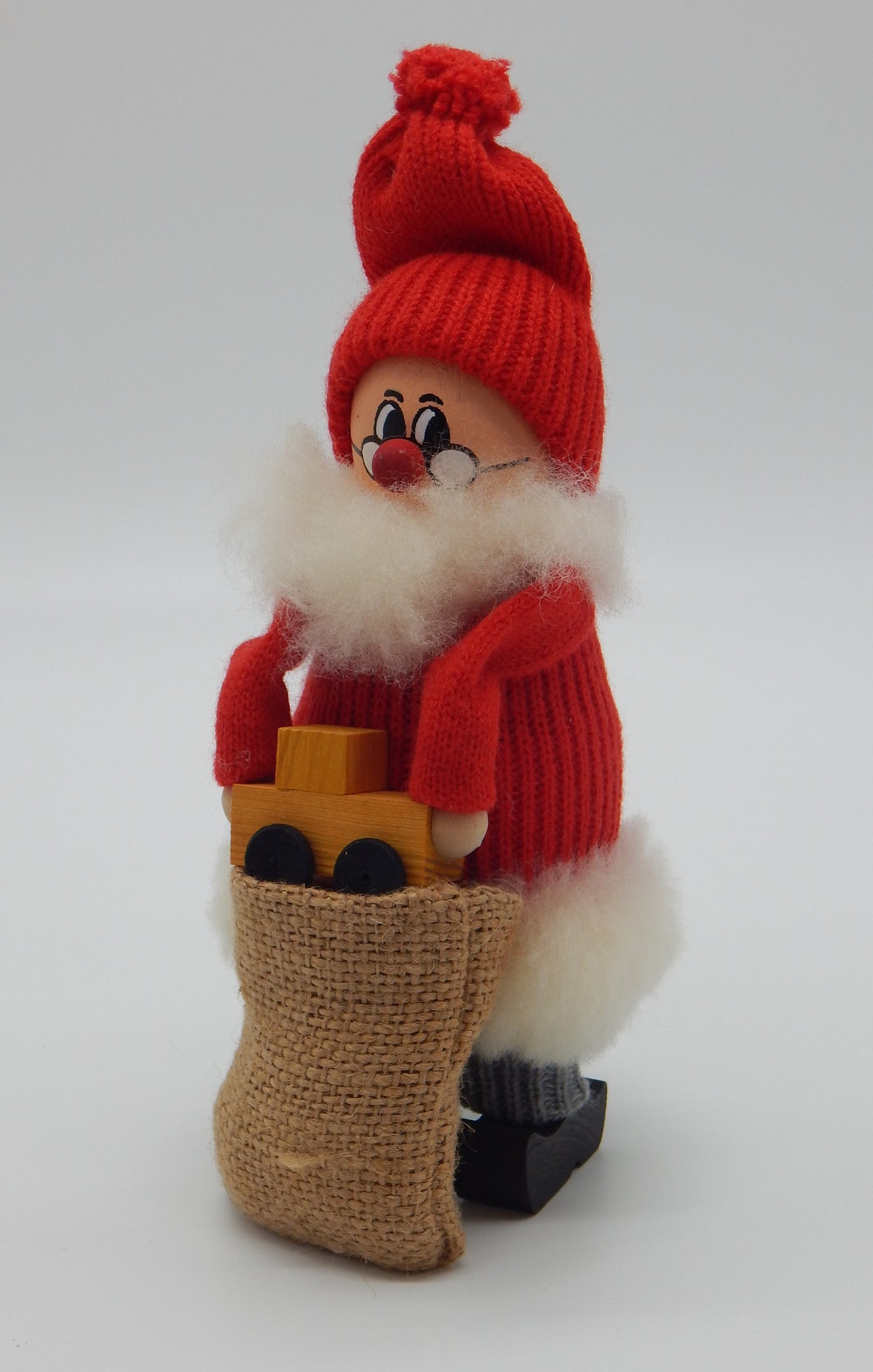 SWEDISH SANTA FIGURINE Vintage Jultomten St. Nick Burlap Toy Bag Wooden ...