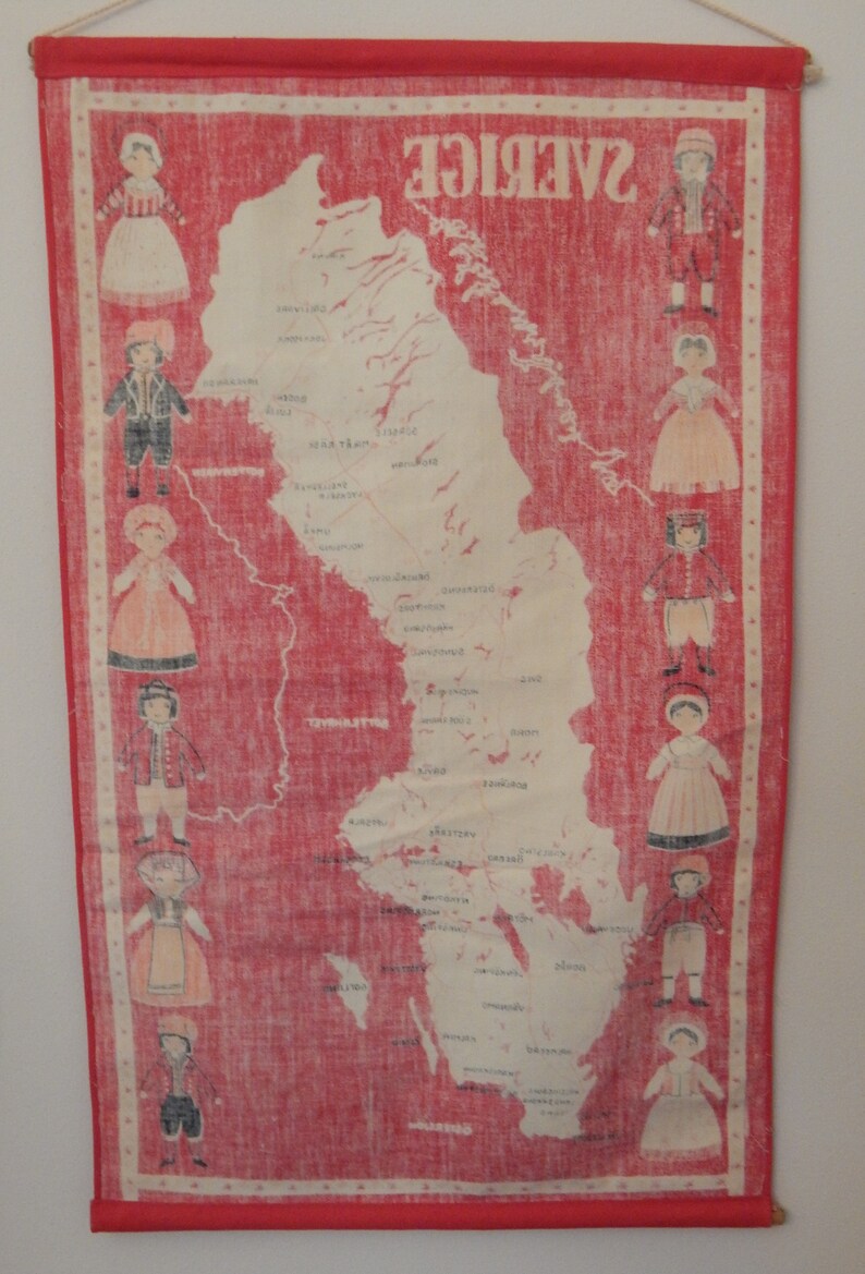 VINTAGE SWEDISH MAP 27 Red Fabric Wall Hanging of Sweden With Cities ...