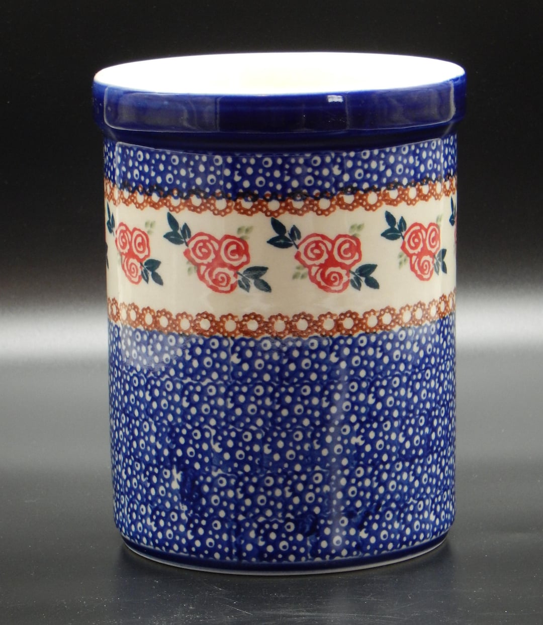 SPONGEWARE UTENSIL HOLDER Polish Pottery 6.75" Tall Ceramic Crock Hand ...