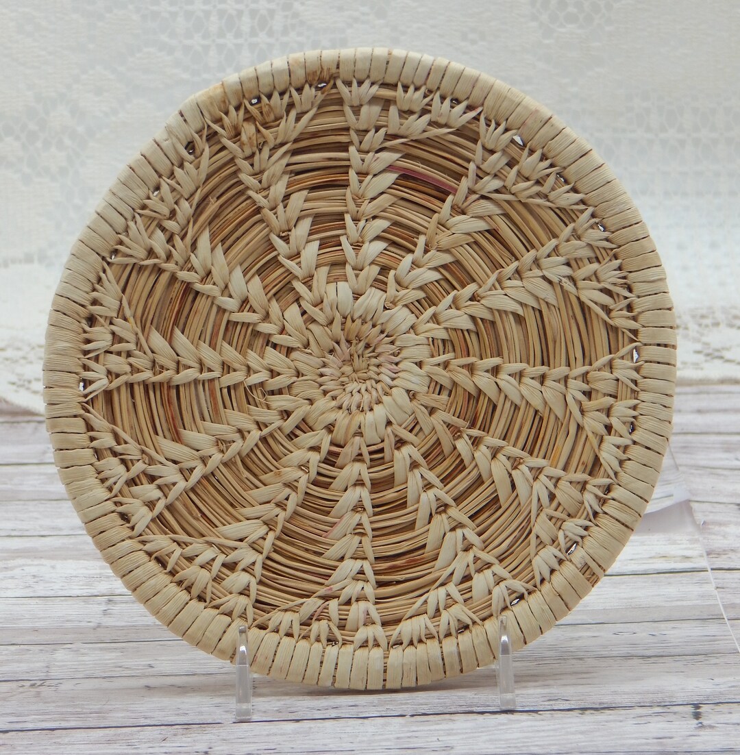 PAPAGO FLAT BASKET Bear Grass Yucca Wheat Stitch Native American ...