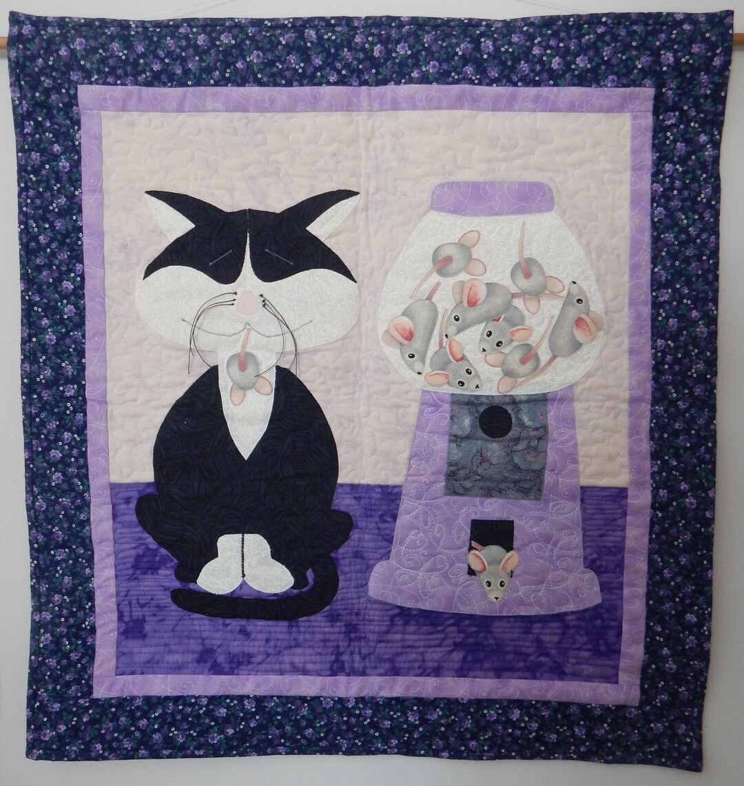 KITTY KANDY Finished Completed Wall Hanging Quilted Applique Tuxedo Cat ...
