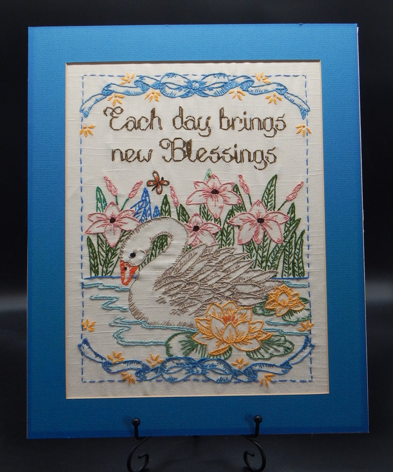 NEW BLESSINGS EMBROIDERY Vintage Swan Flowers Lilypads Each Day Brings ...