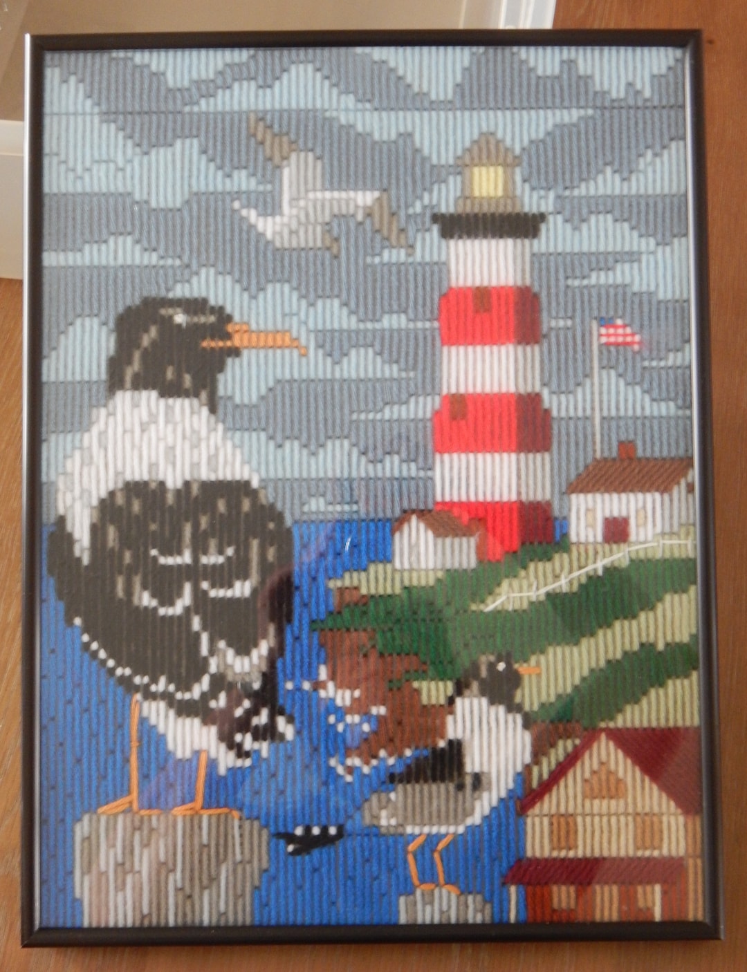 SEAGULL LIGHTHOUSE Needlework Framed Completed Finished Long Stitch ...