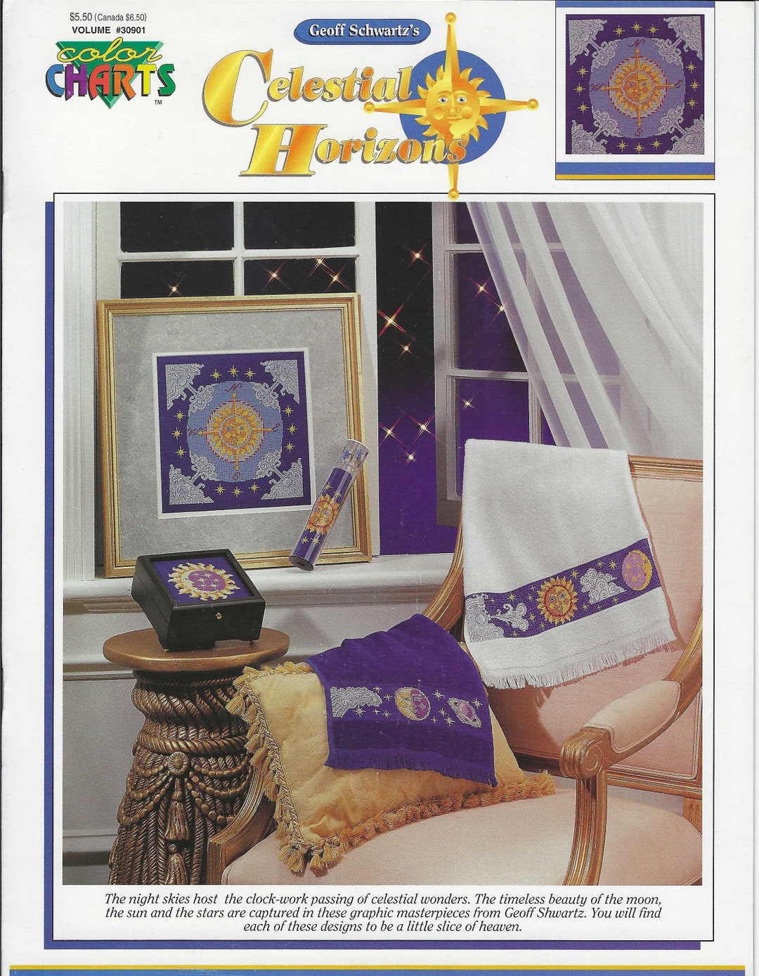 CELESTIAL HORIZONS Vintage Cross Stitch Pattern Chart Leaflet Sun Moon Saturn Night Sky 5 ...