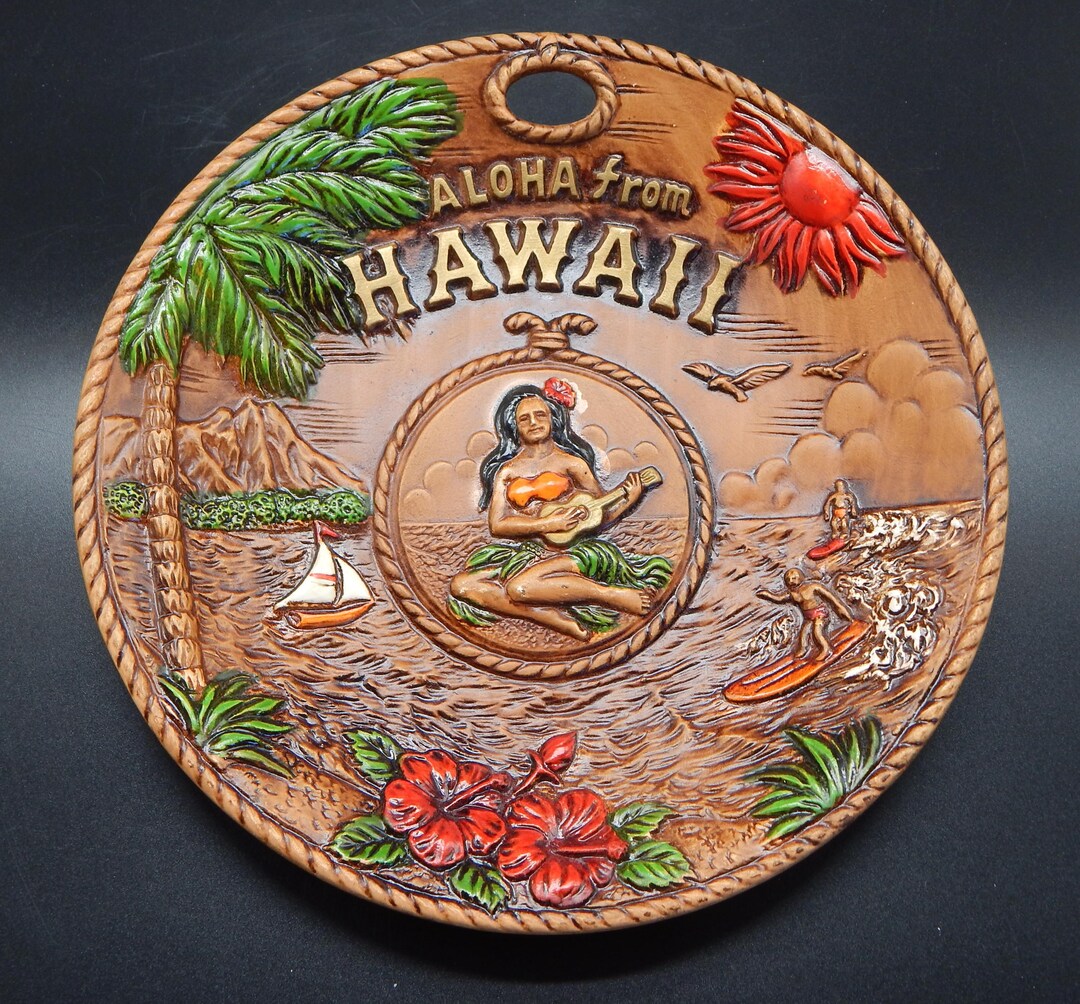 HAWAII POTTERY PLATE Vintage 1960's Hula Girl Playing Guitar Palm Trees ...