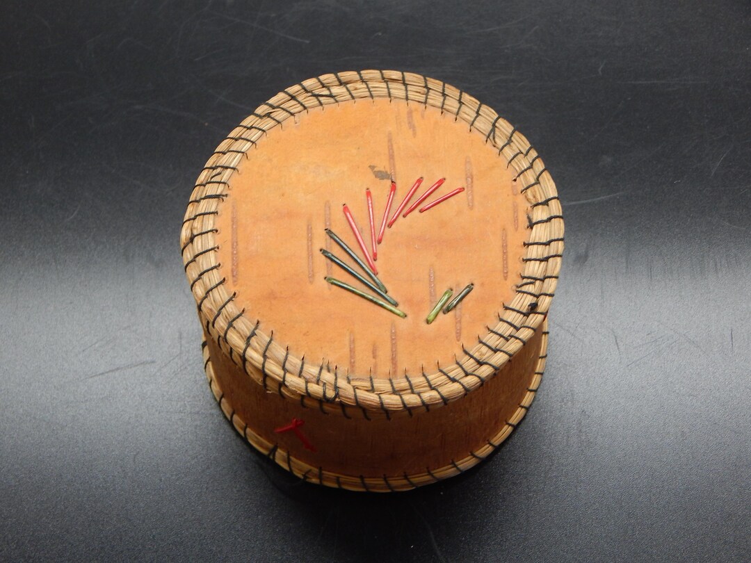 BIRCH BARK BASKET Vintage Native American Ojibwe Chippewa Round ...