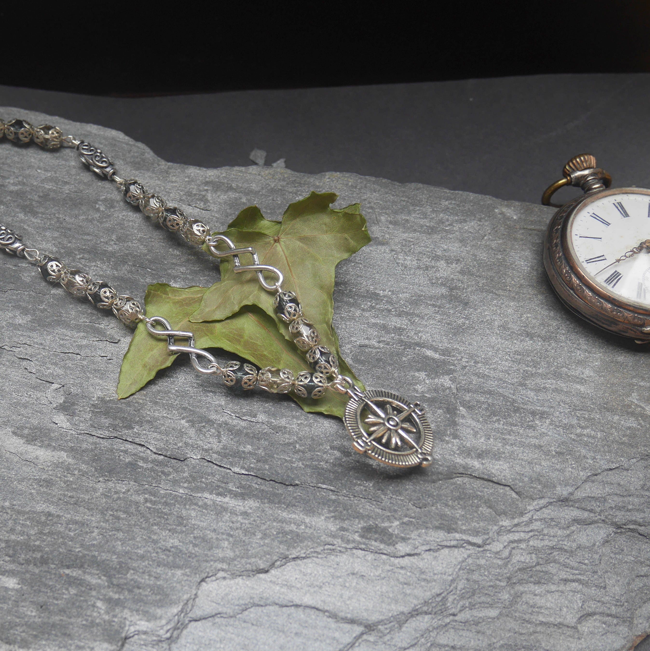 Long Compass Rose Necklace, Steampunk Necklace, Beaded Necklace ...