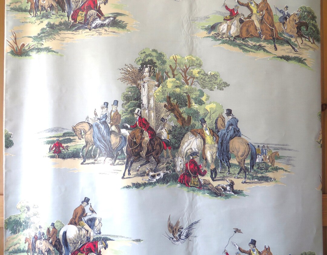 Antique Glazed Cotton Toile Hunting Fabric, 1930's, 32 X 276 / 81 X 701 ...
