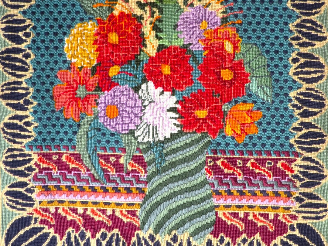 Large Completed Needlepoint Tapestry of Dahlias by Rowan, 18.5 X 19 / ...
