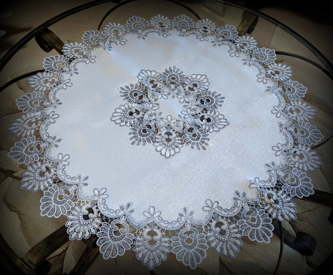 34 Gray Silver Lace Table Topper Doily Dresser Scarf - Etsy
