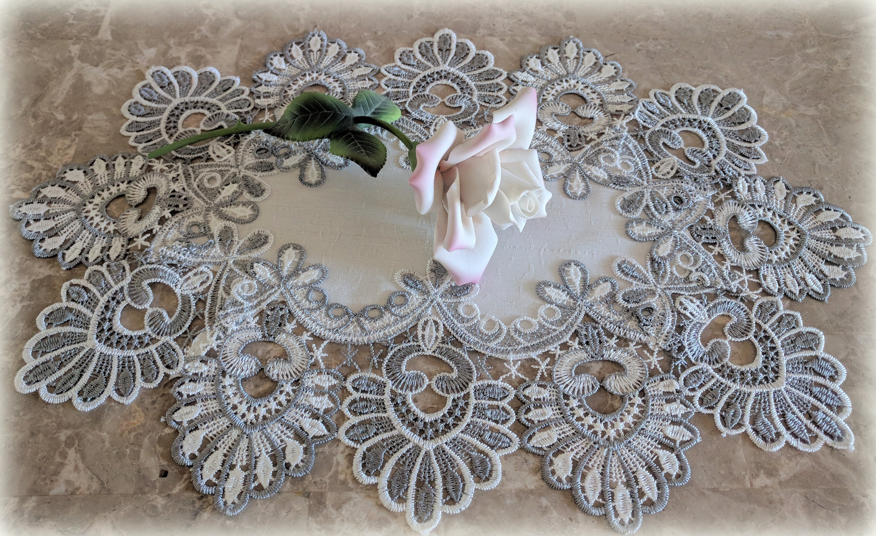 19" by 12"gray Silver Lace Doilies SET OF TWO Place Mats Dresser Scarf ...