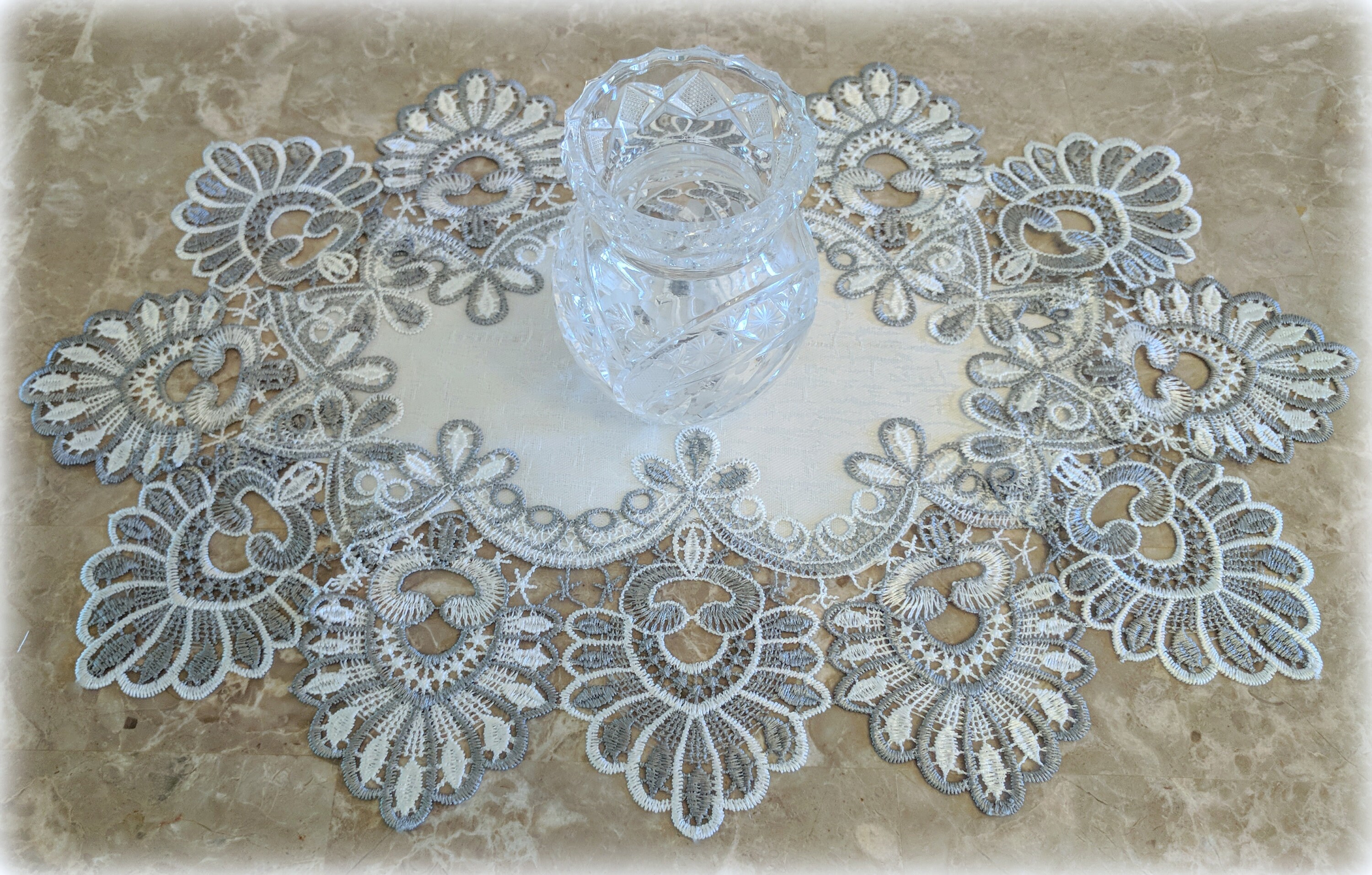 19" by 12"gray Silver Lace Doilies SET OF TWO Place Mats Dresser Scarf ...
