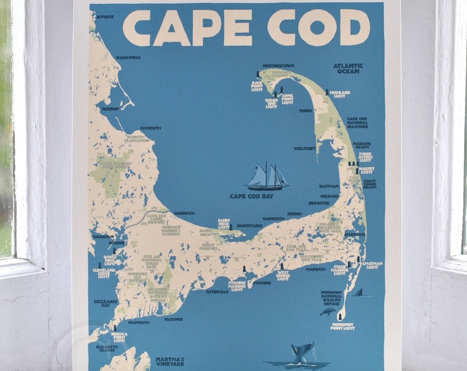 Cape Cod Map Art Print 8 X 10 Travel Poster by Alan Claude ...