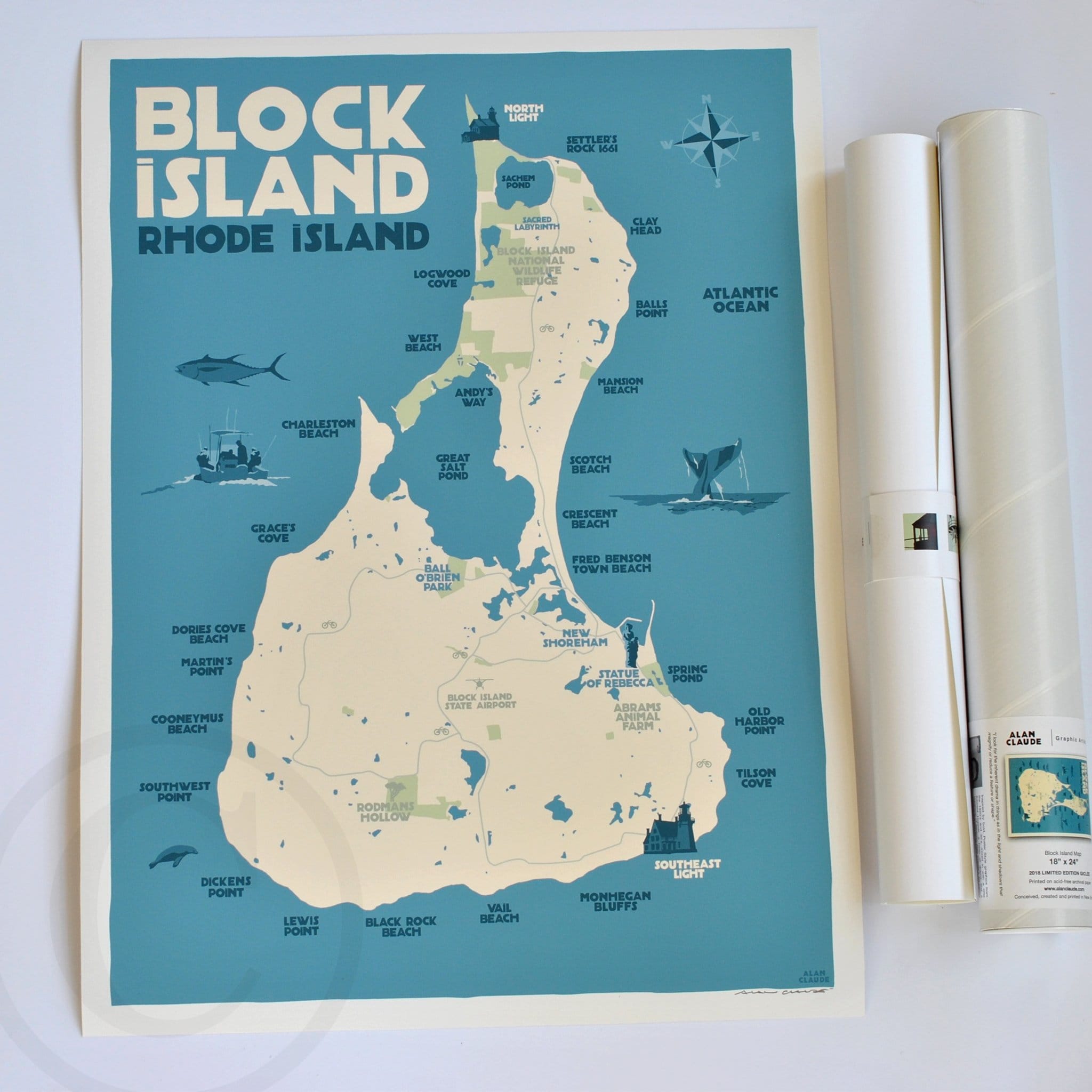Block Island Map Art Print 18 X 24 Travel Poster by Alan Claude Rhode ...