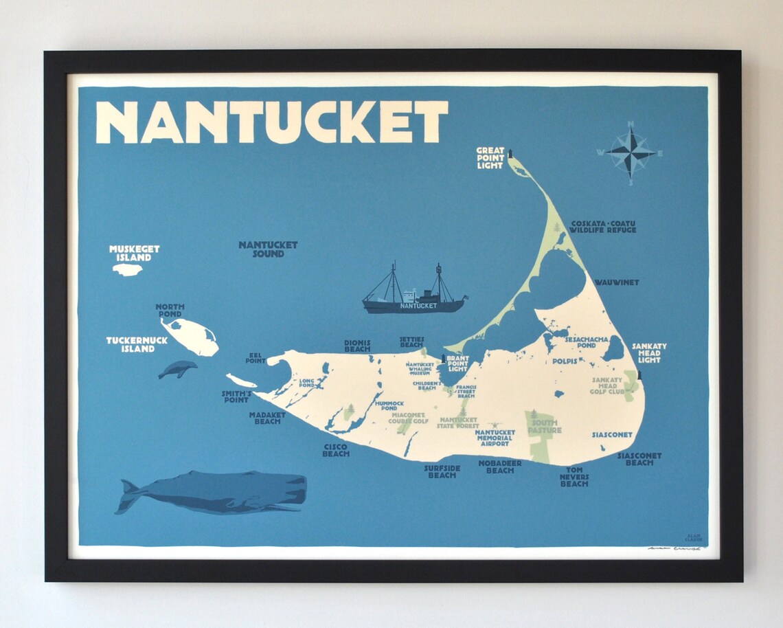 Nantucket Map Art Print 18 X 24 Framed Travel - Etsy