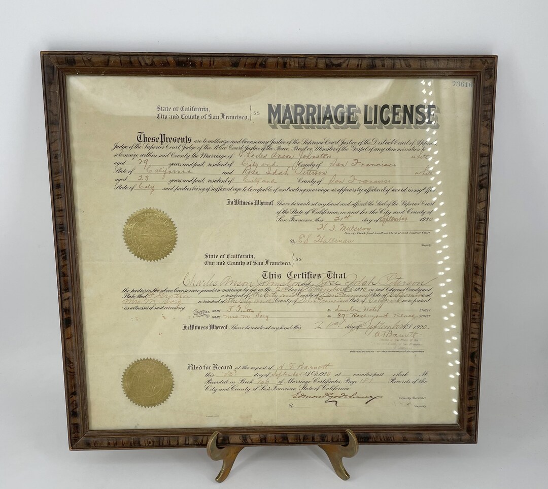 Antique Framed Marriage License of Charles Johnston and Rose Peterson ...