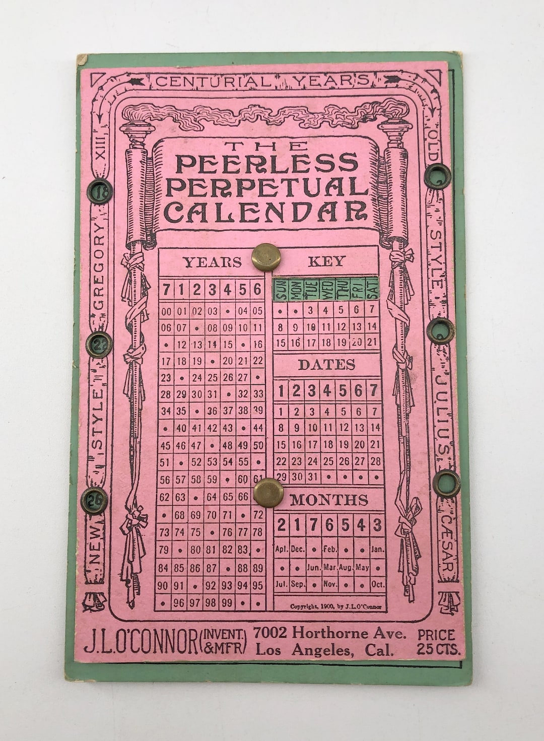 Antique 1900 J. L. O'connor Peerless Perpetual Calendar New Style ...