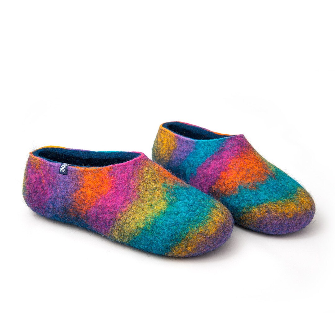Boho Slippers, Rainbow Wool Shoes, Womens Felt Slippers, Multi Color ...