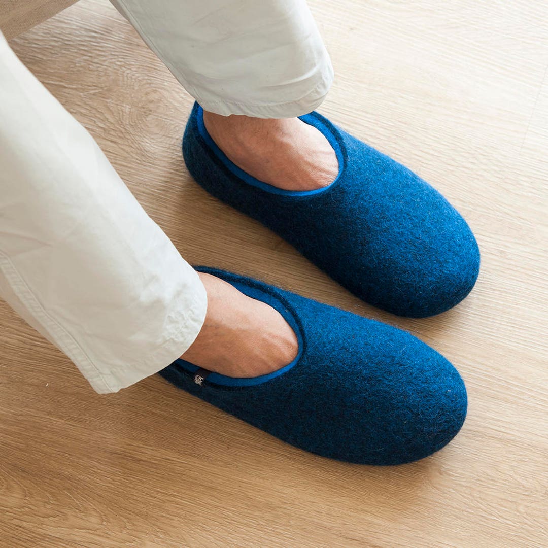 Felted Blue Wool Slippers for Men, Warm, Comfortable & Ethically Made ...