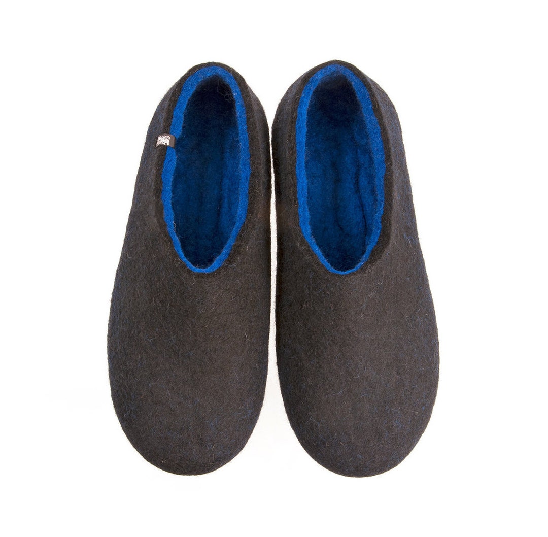 Felted Merino Wool Slippers for Men: Black & Blue Handmade House Shoes ...