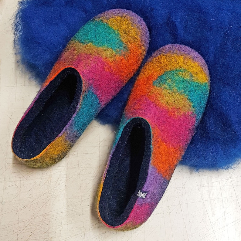 Boho slippers rainbow wool shoes Womens felt slippers multi | Etsy