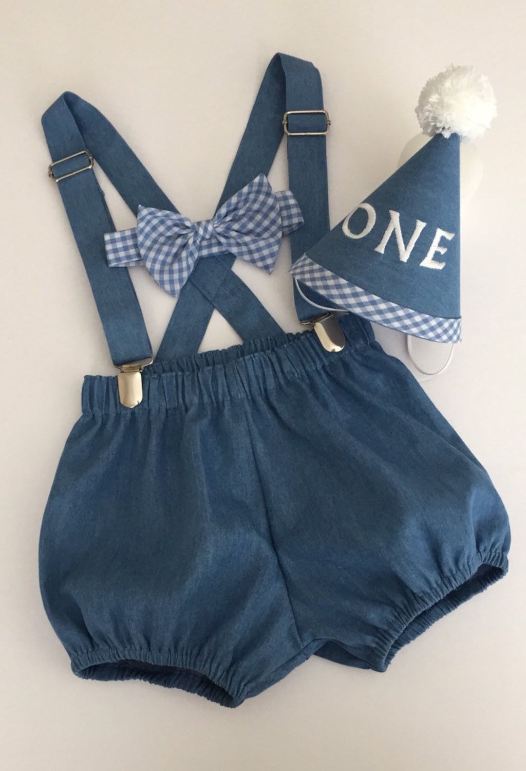 Ref1 02 >- Lt. Blue Gingham & Jean Boys First Birthday Outfit - Diaper ...