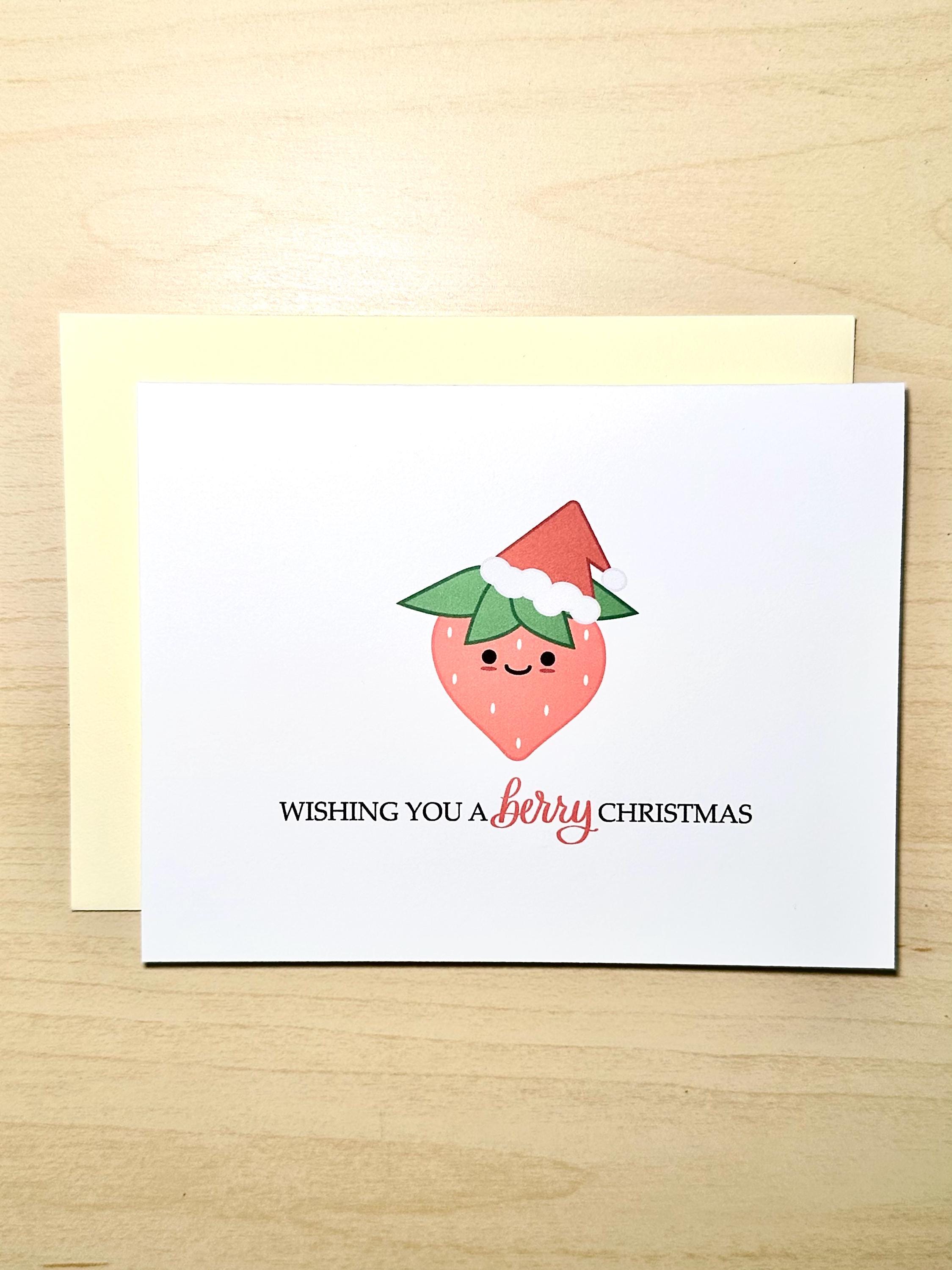 Berry Christmas Strawberry Pun Greeting Card | Cute Xmas Holiday Fruit ...
