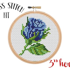 Blue Rose Kit. Cross Stitch Kit. Beginner Cross Stitch. Flowers Cross ...