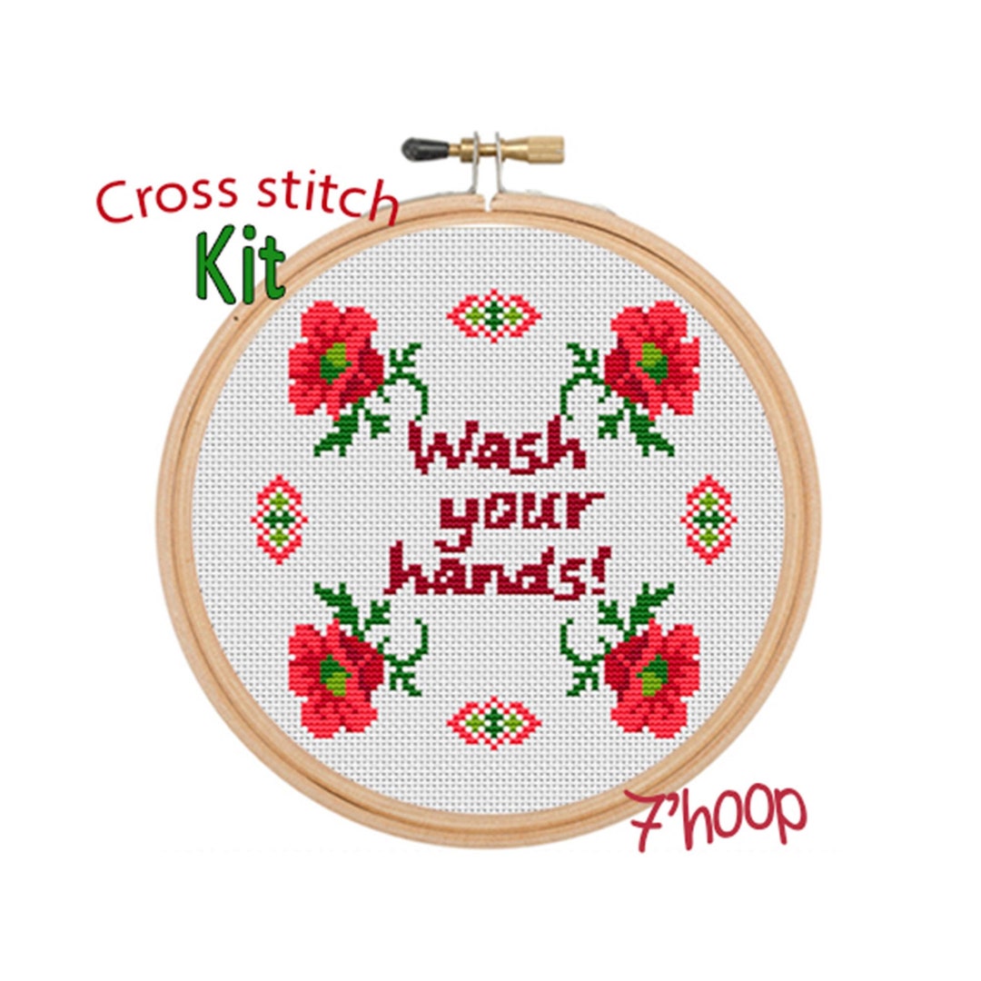 Wash Your Hands Cross Stitch Kit. Beginner Cross Stitch. Flowers Cross ...