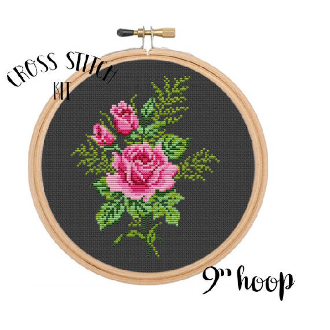 Pink Rose Kit. Cross Stitch Kit. Beginner Cross Stitch. Flowers Cross ...