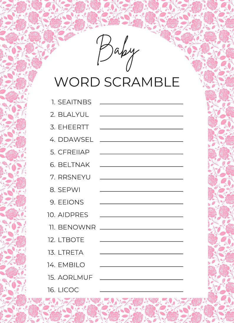Pink Floral Baby Shower Word Scramble Game (printable, Instant Download ...