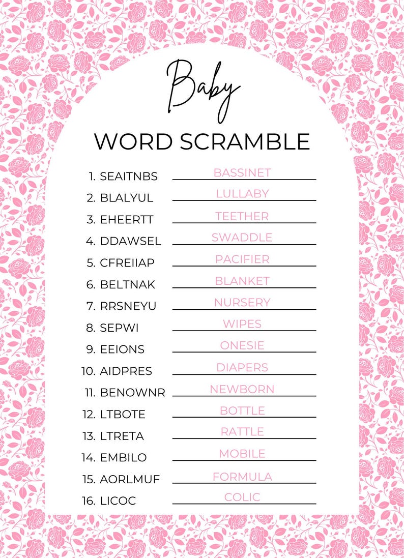 Pink Floral Baby Shower Word Scramble Game (printable, Instant Download ...