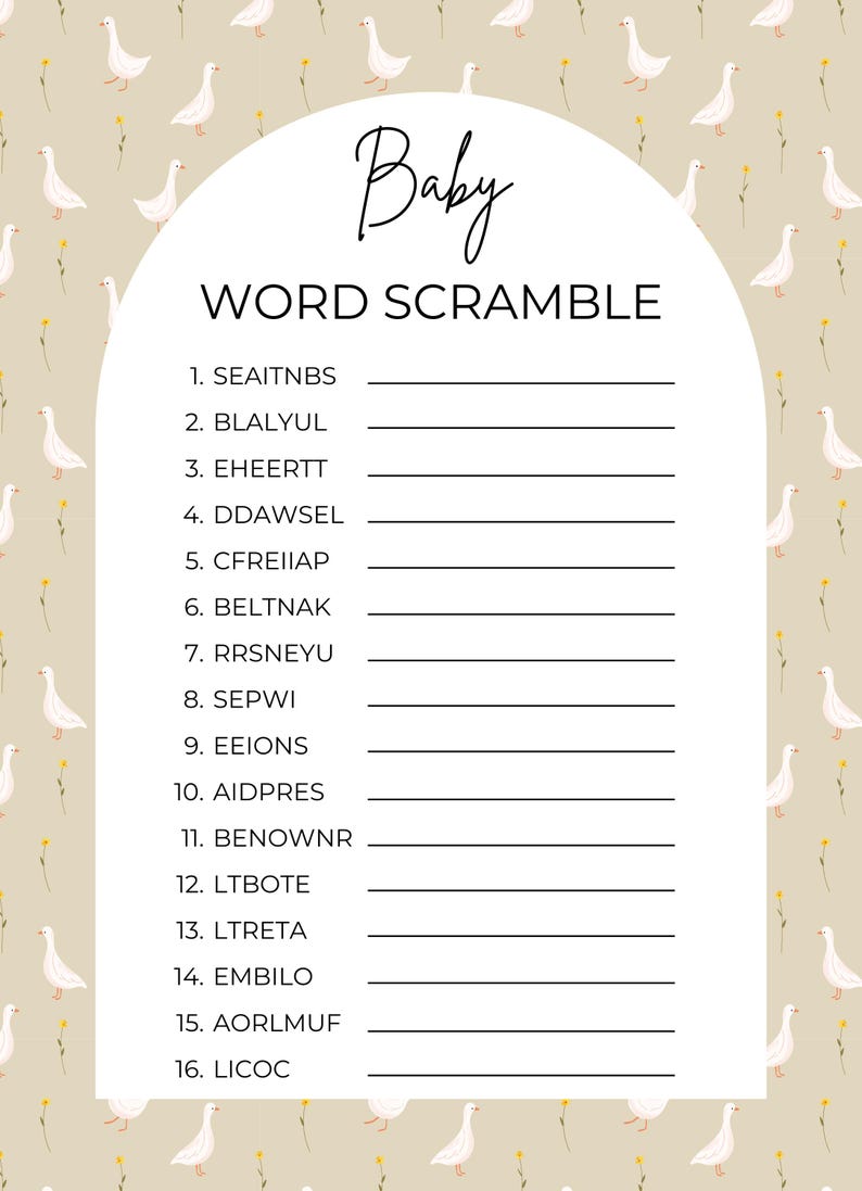 Word Scramble Baby Shower Game, Instant Download, Printable, Baby ...