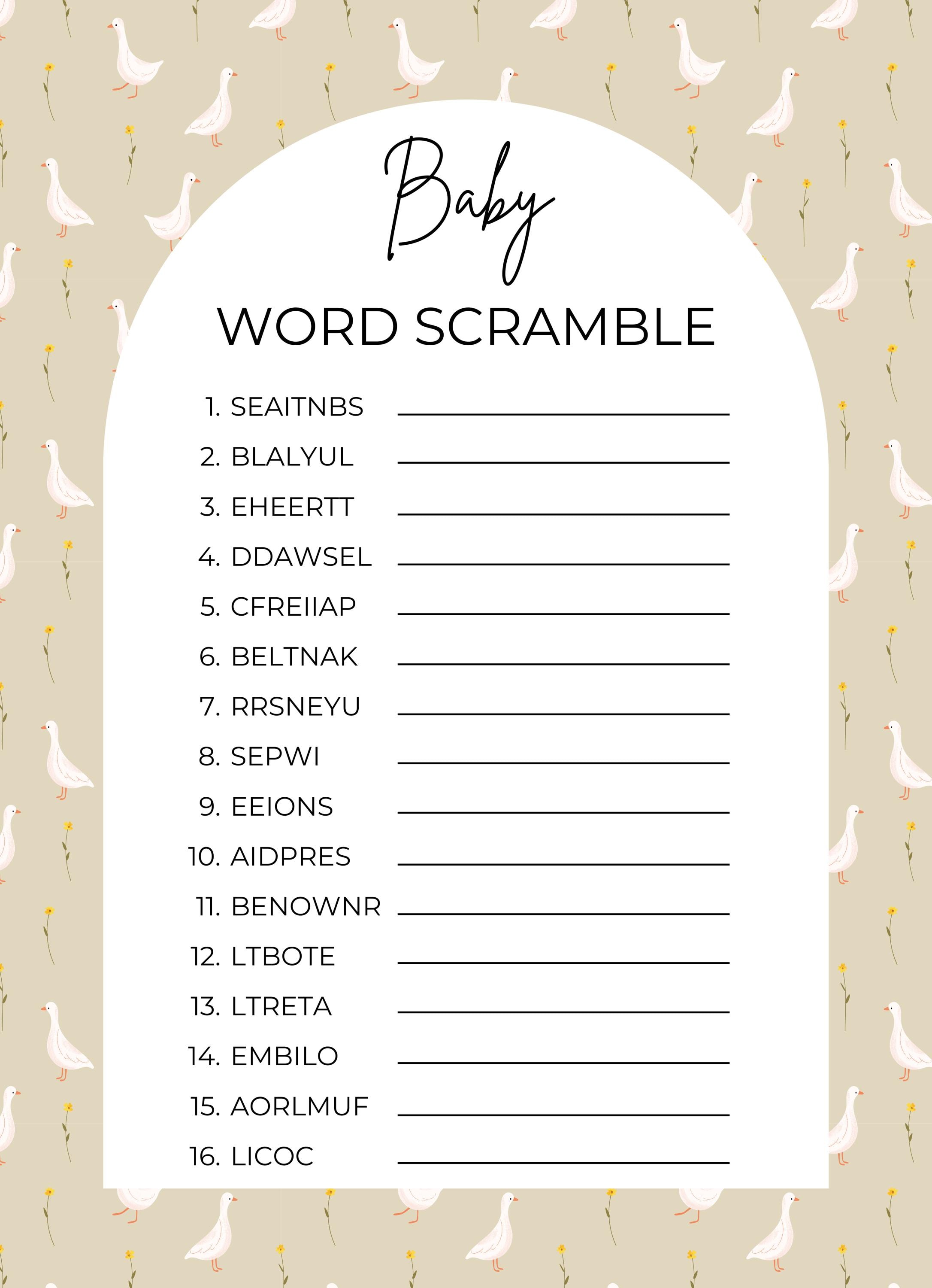 Word Scramble Baby Shower Game, Instant Download, Printable, Baby ...