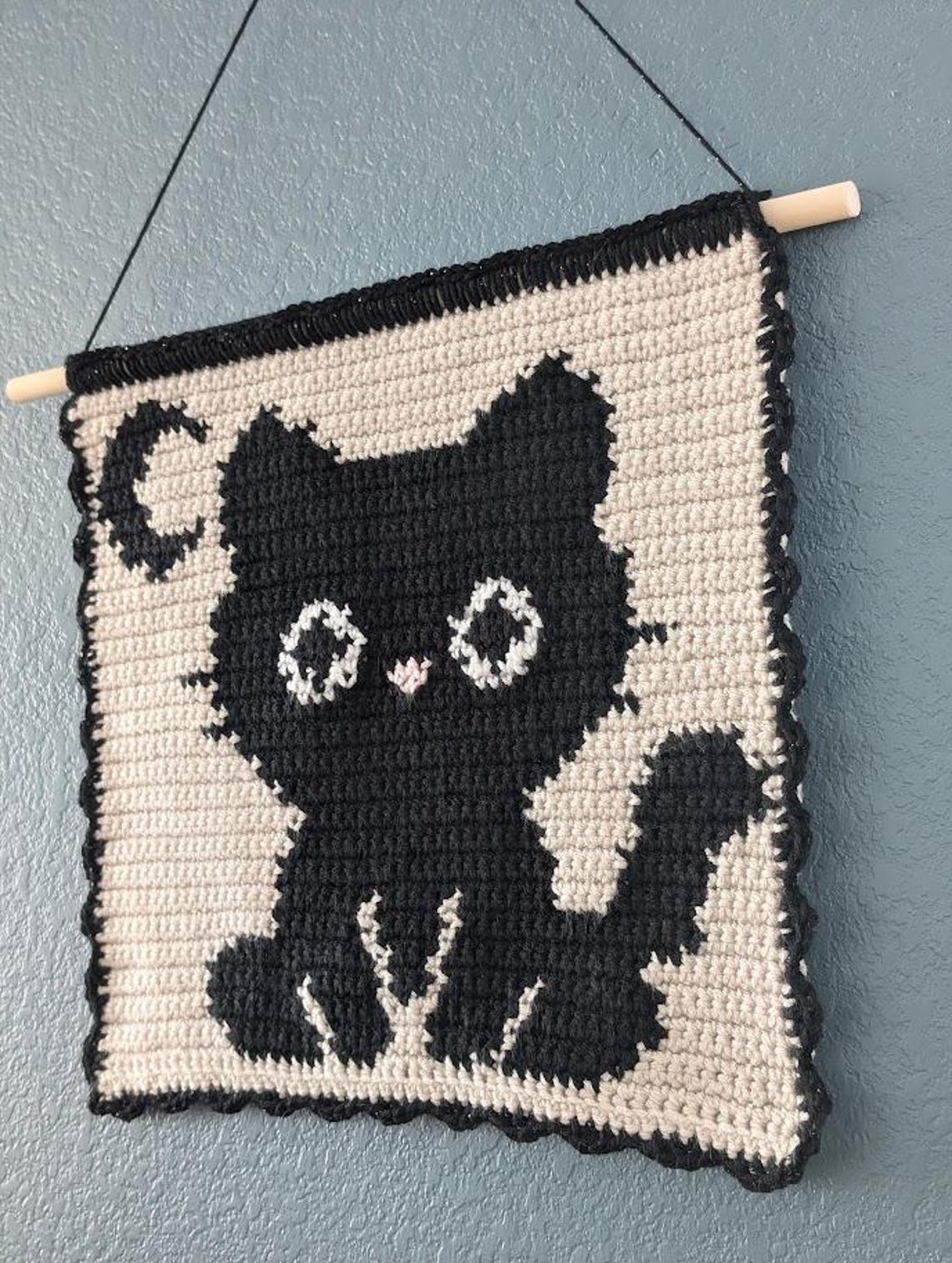 Black Cat Tapestry Crochet Pattern - Halloween Black Cat Moon Pillow ...