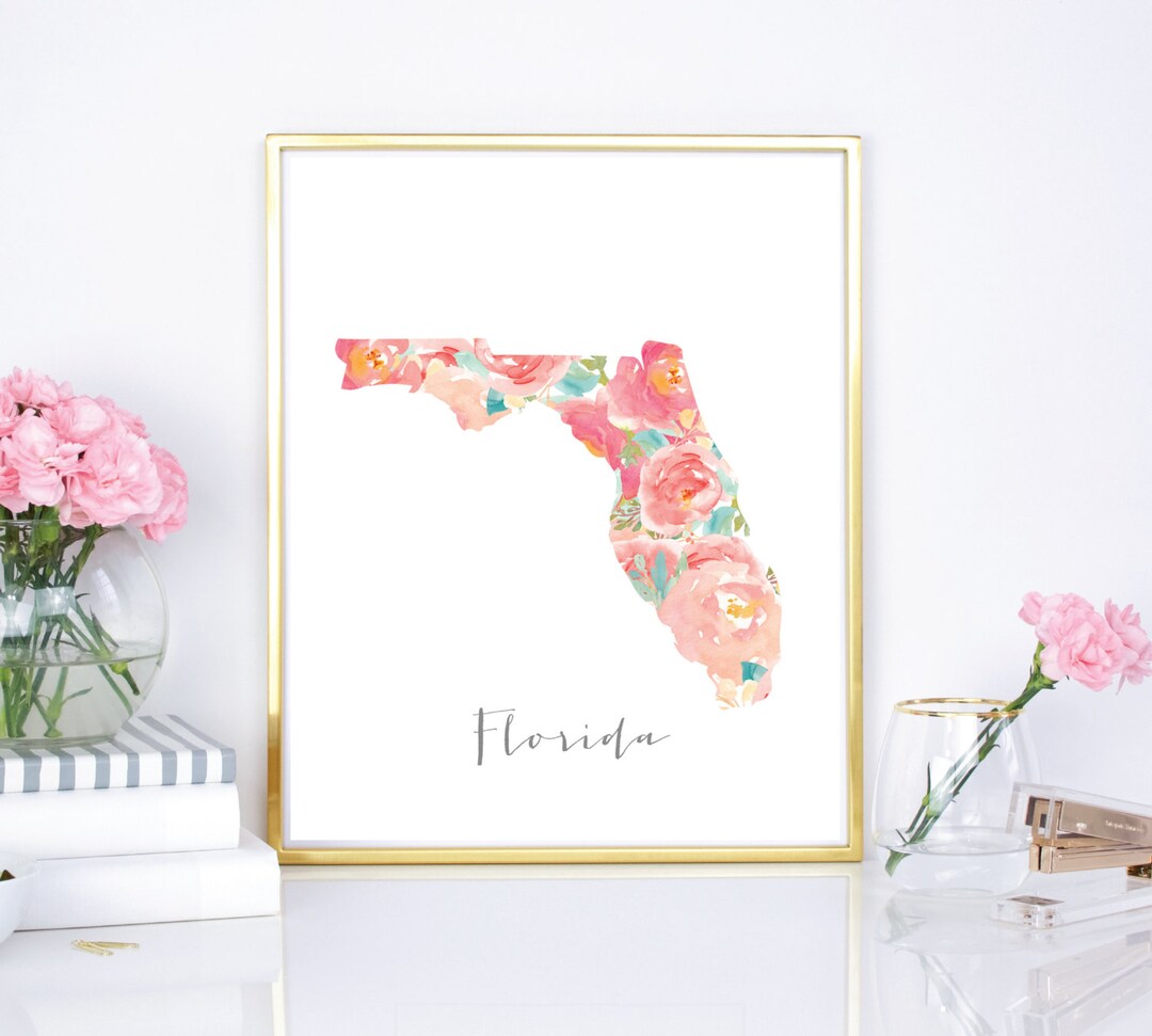 Florida Flower Map Print: Watercolor Floral State Art (digital Download ...