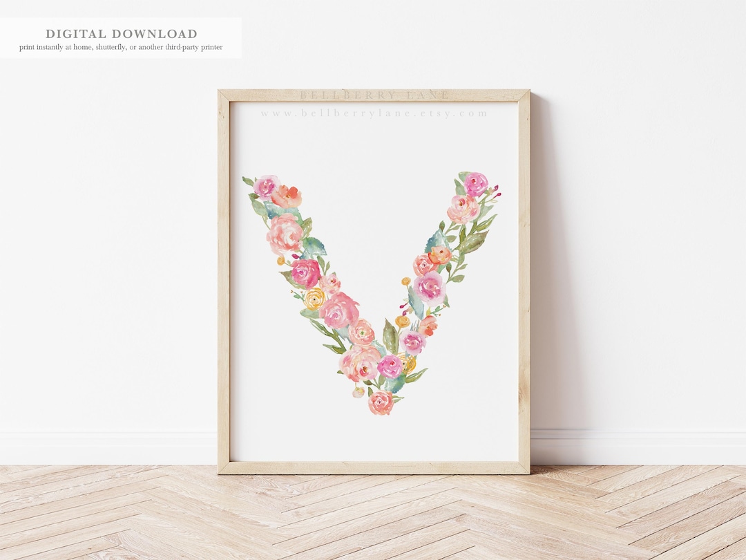 Letter V — watercolor Floral Monogram Print, Heirloom Baby Nursery ...