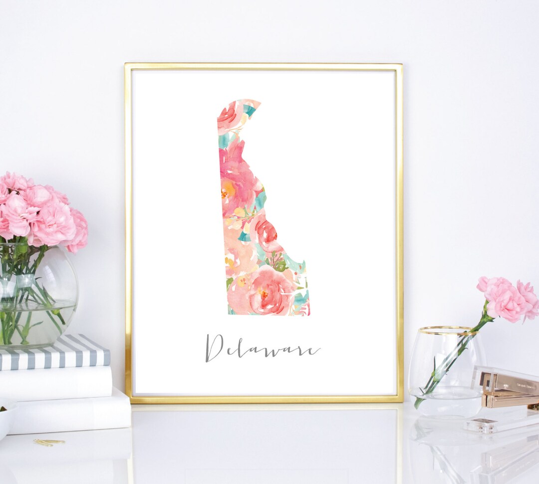 Delaware Flower Map Print: Watercolor Floral State Art (digital ...