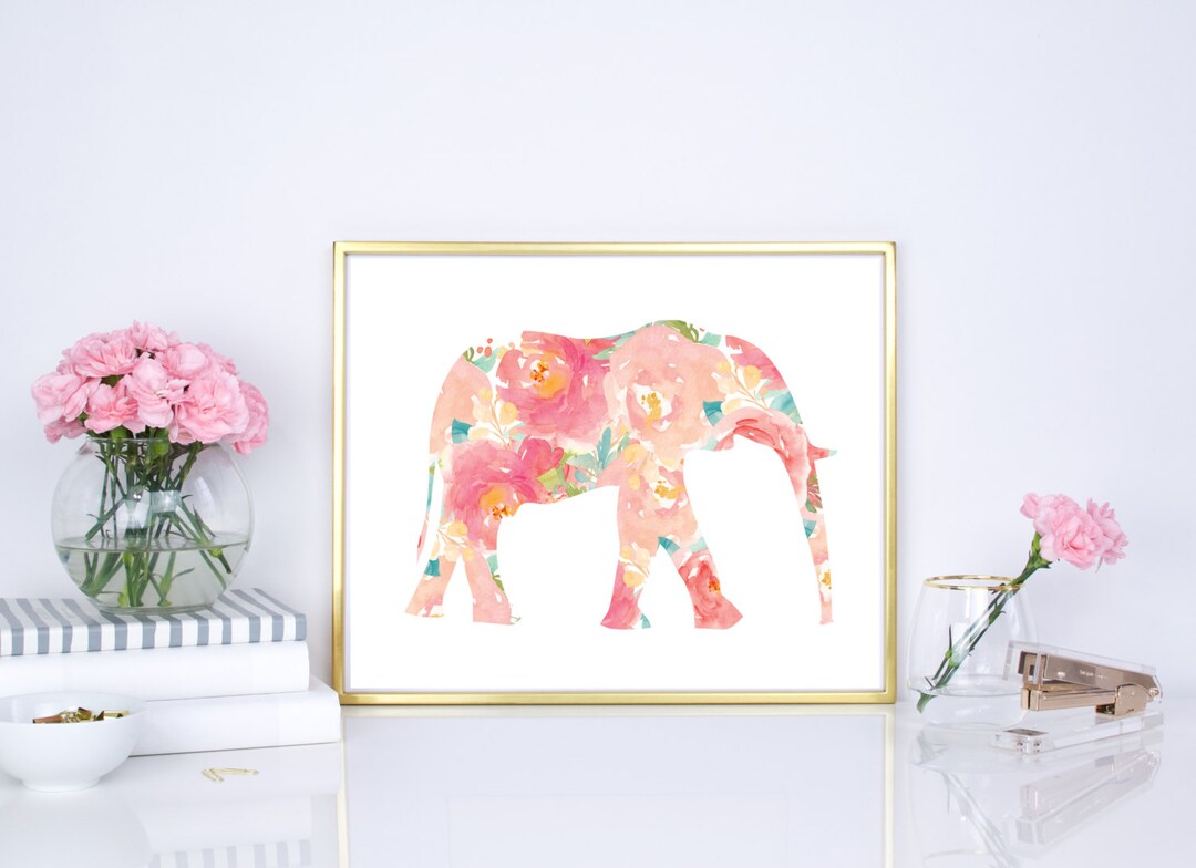 Elephant Print, Floral Elephant Decor, Elephant Party Decor, Flower ...