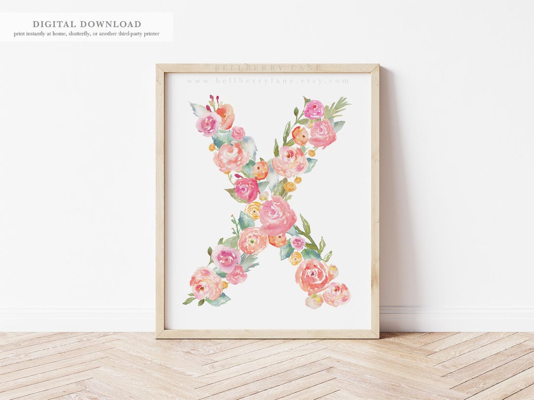 Watercolor Floral Letter X Print, 8x10 Letter X - Floral Watercolor ...
