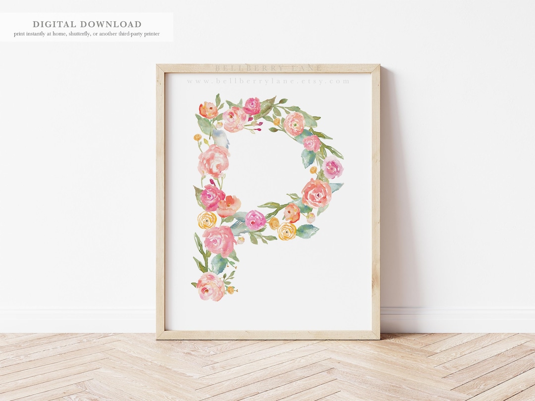 Letter P — watercolor Floral Monogram Print, Heirloom Baby Nursery ...