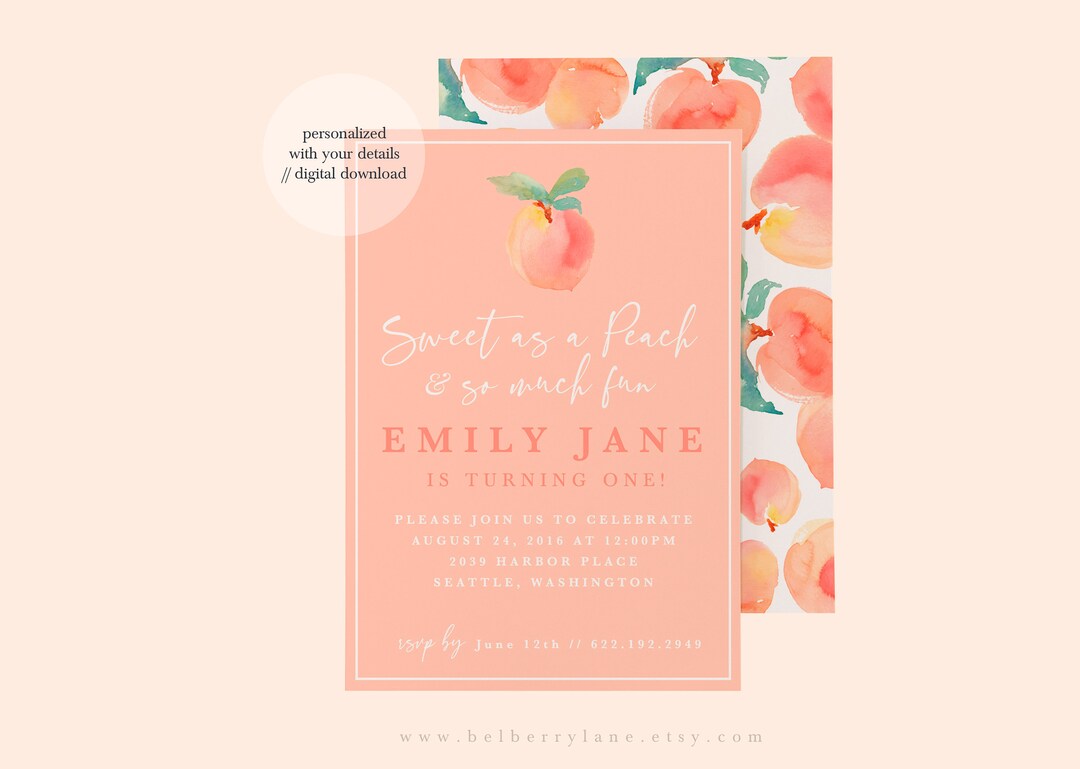 Peach Invitation, Sweet as a Peach Invite, Peach 1st Birthday, Diy ...