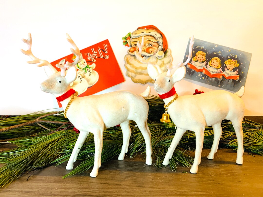 2 Vintage White Flocked Christmas Deer 2 White Bucks With Gold Bells ...