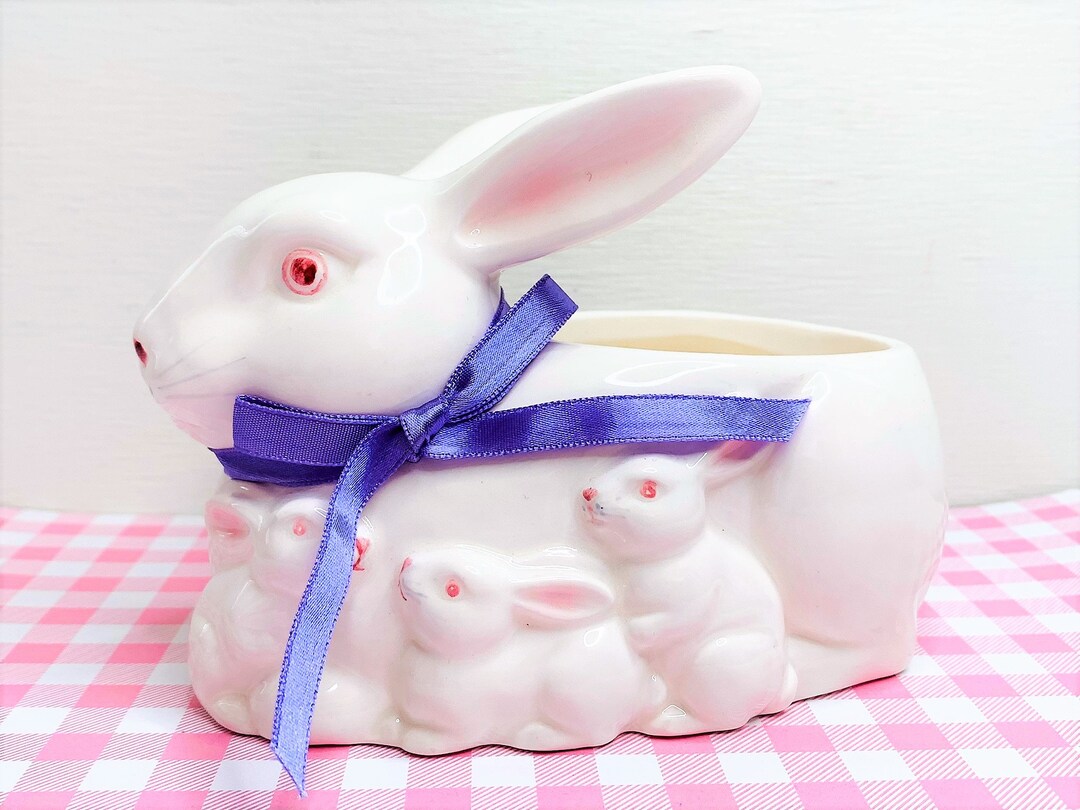 Vintage Lefton China Hand Painted Porcelain White Bunny Candy Dish ...