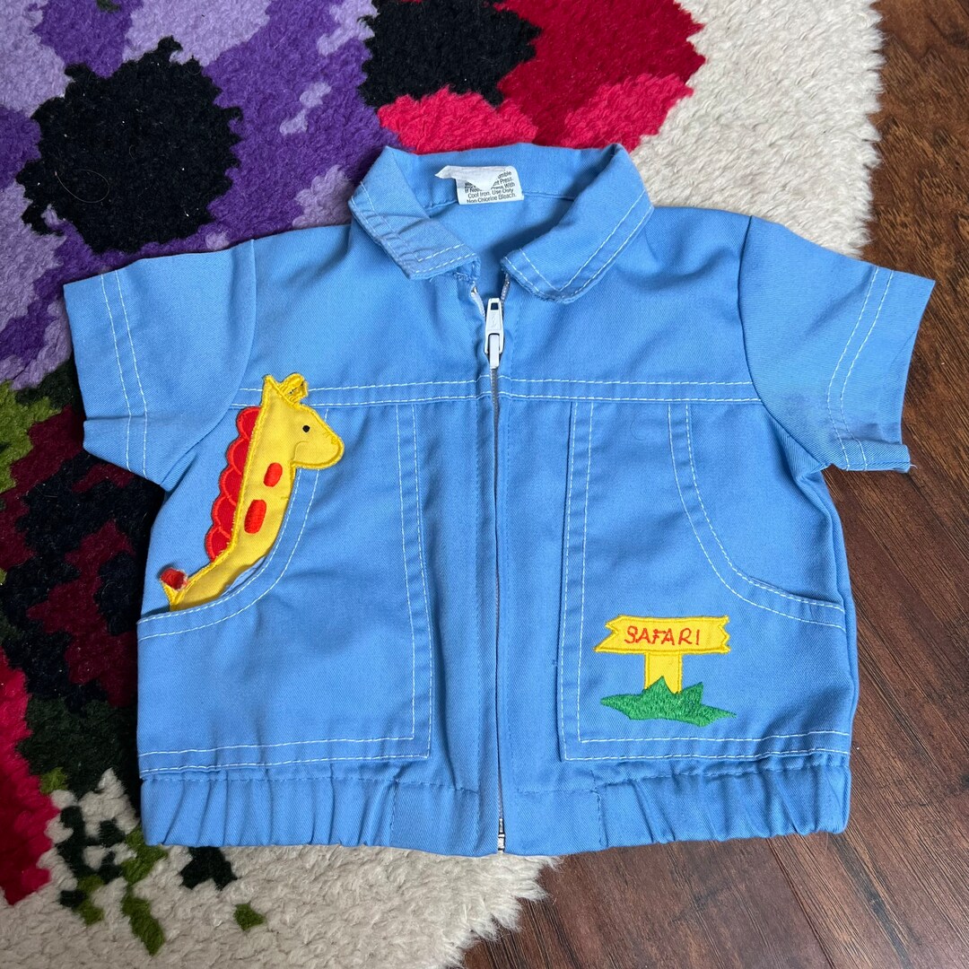Vintage Blue Safari Giraffe Zip Front Short Sleeve Jacket Shirt Size ...