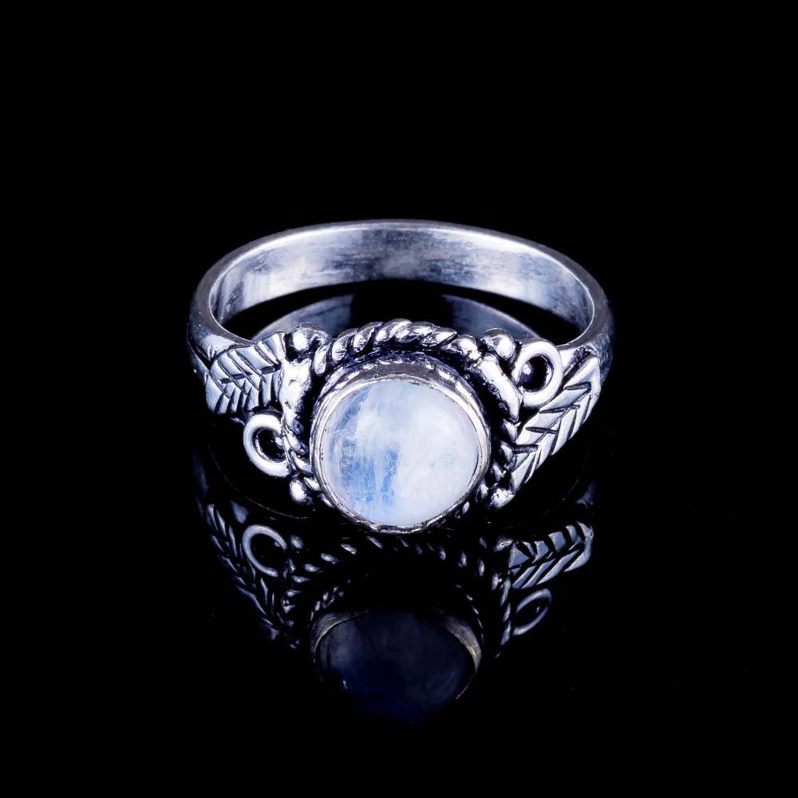 MOONSTONE LEAF RING Silver Indian Tribal Boho White Brass Leaves ...