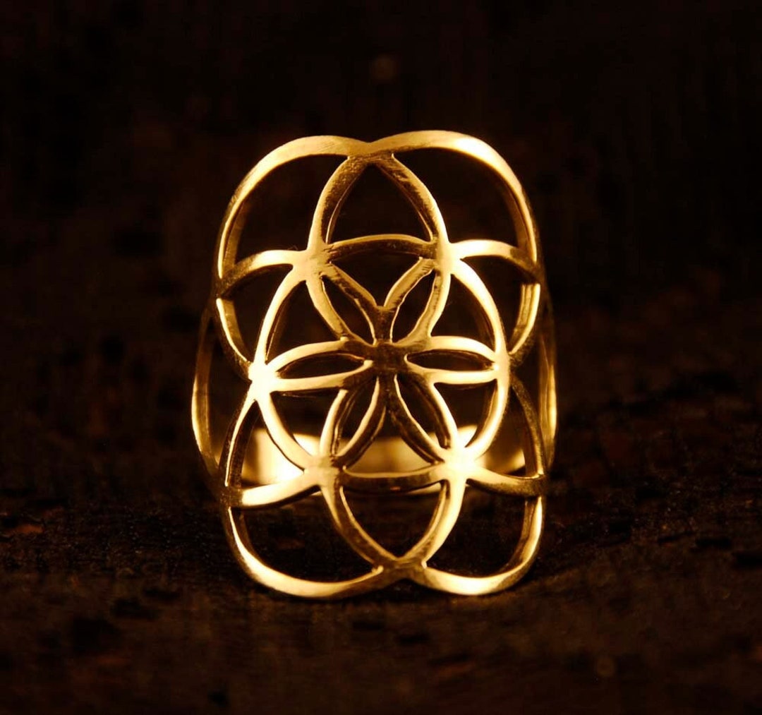 Bohemian Ethnic Chic Sacred Geometry Seed of Life Brass Ring, Psytrance ...